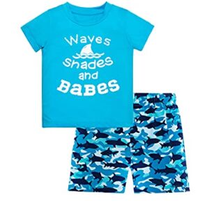 MOMMY'S NEW MAN Infant Toddler Baby boy Summer Clothes Waves Shades and Babes Print Blue Short Sleeve Tops and Shark Short Pants Outfits (Blue Shark, 3T)