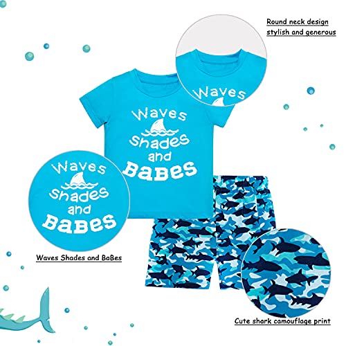 MOMMY'S NEW MAN Infant Toddler Baby boy Summer Clothes Waves Shades and Babes Print Blue Short Sleeve Tops and Shark Short Pants Outfits (Blue Shark, 3T)