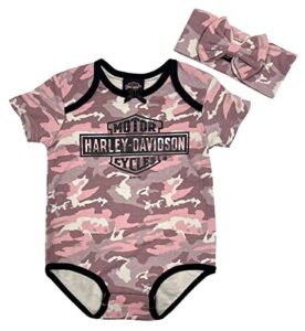 harley-davidson baby girls’ printed camo knit infant creeper & headband (12/18m)