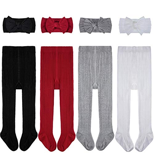 3 Pairs Baby Girls Tights Cable Knit Leggings Stockings and Bow Headbands (Black, White, Grey, Red, 0-12 Months)