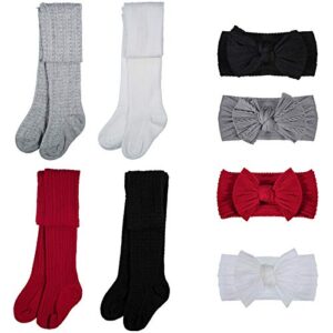 3 Pairs Baby Girls Tights Cable Knit Leggings Stockings and Bow Headbands (Black, White, Grey, Red, 0-12 Months)