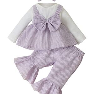 Newborn Baby Girl Clothes Infant Long Sleeve Shirt Tops Bell Bottoms Flared Pants Set 3PCS Fall Winter Outfits with Headband Purple 0-3M