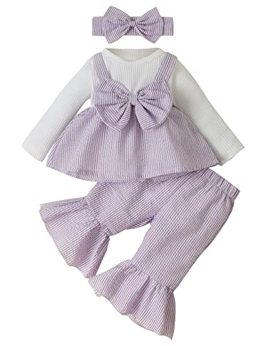 Newborn Baby Girl Clothes Infant Long Sleeve Shirt Tops Bell Bottoms Flared Pants Set 3PCS Fall Winter Outfits with Headband Purple 0-3M