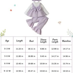 Newborn Baby Girl Clothes Infant Long Sleeve Shirt Tops Bell Bottoms Flared Pants Set 3PCS Fall Winter Outfits with Headband Purple 0-3M