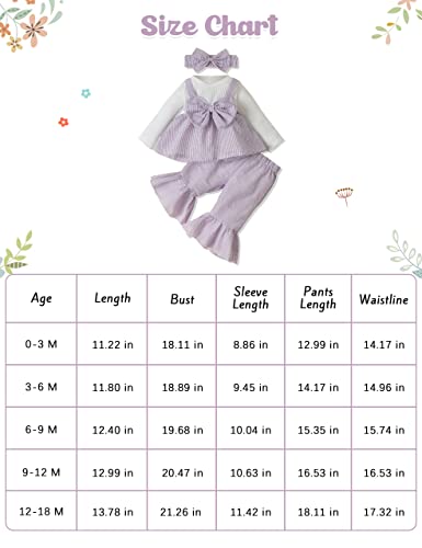 Newborn Baby Girl Clothes Infant Long Sleeve Shirt Tops Bell Bottoms Flared Pants Set 3PCS Fall Winter Outfits with Headband Purple 0-3M