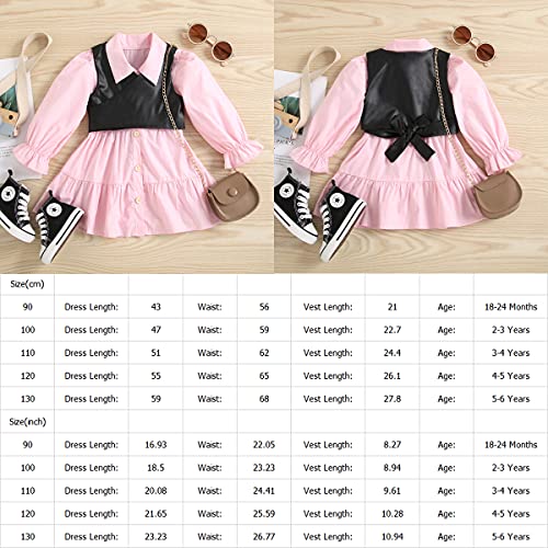 WALLARENEAR 2PCS Toddler Baby Girl Lapel Button Down Ruffle Shirt Dress + PU Waistcoat Crop Tops Spring Autumn Clothes Set (Pink Black, 3-4 Years)