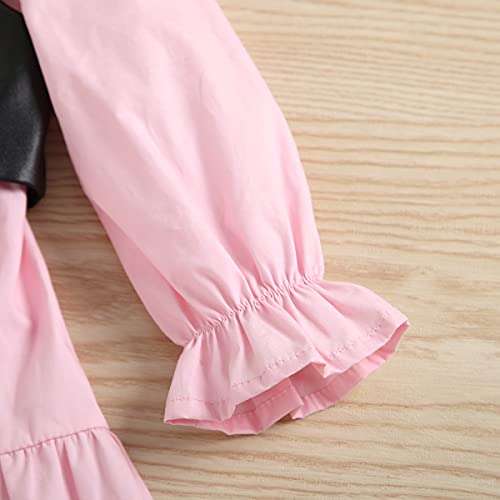 WALLARENEAR 2PCS Toddler Baby Girl Lapel Button Down Ruffle Shirt Dress + PU Waistcoat Crop Tops Spring Autumn Clothes Set (Pink Black, 3-4 Years)