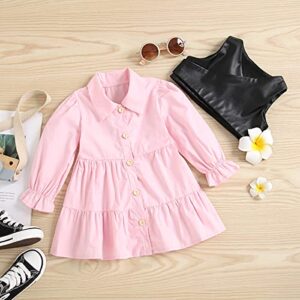 WALLARENEAR 2PCS Toddler Baby Girl Lapel Button Down Ruffle Shirt Dress + PU Waistcoat Crop Tops Spring Autumn Clothes Set (Pink Black, 3-4 Years)