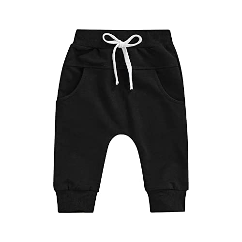 Newborn Baby Boys Girls Sweatpant Trousers Elastic Waist Adjustable Drawstring Plain Loose Fit Cotton Jogger Pants (Black , 0-6 Months )