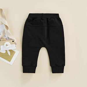 Newborn Baby Boys Girls Sweatpant Trousers Elastic Waist Adjustable Drawstring Plain Loose Fit Cotton Jogger Pants (Black , 0-6 Months )