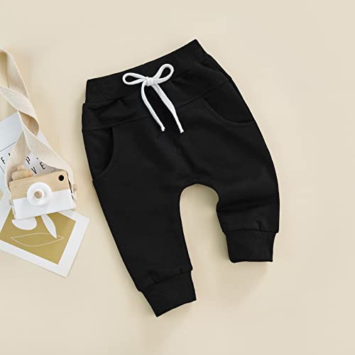 Newborn Baby Boys Girls Sweatpant Trousers Elastic Waist Adjustable Drawstring Plain Loose Fit Cotton Jogger Pants (Black , 0-6 Months )