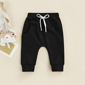 Newborn Baby Boys Girls Sweatpant Trousers Elastic Waist Adjustable Drawstring Plain Loose Fit Cotton Jogger Pants (Black , 0-6 Months )