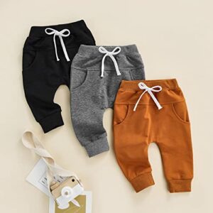 Newborn Baby Boys Girls Sweatpant Trousers Elastic Waist Adjustable Drawstring Plain Loose Fit Cotton Jogger Pants (Black , 0-6 Months )