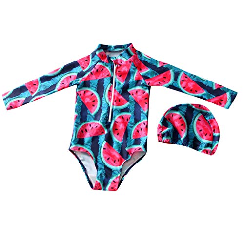 Toddler Kids Baby Girls Watermelon Print Long Sleeve One Piece Swimsuit Rashguard+Swim Cap Bathing Suit(Red,18-24 Months)