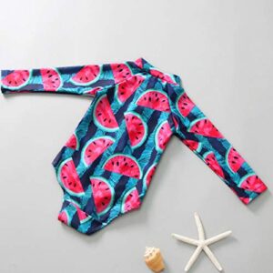 Toddler Kids Baby Girls Watermelon Print Long Sleeve One Piece Swimsuit Rashguard+Swim Cap Bathing Suit(Red,18-24 Months)