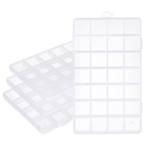 SUPERFINDINGS 4 Pack 28 Grids Organizer Box 22.5x13.3cm Transparent Plastic Organizers Storage Box Clear Washi Tape Organizer for Nail Art Small Findings Parts Rhinestones,Compartment: 3x3cm