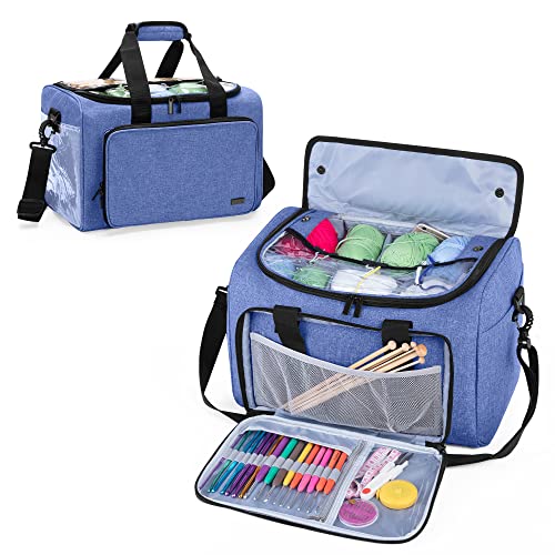 Teamoy Knitting Bag, Yarn Storage Organizer Crochet Bag with Removable Inner Divider for Yarn Skeins, Crochet Hooks, Knitting Needles and Supplies, Bag Only, Dark Blue