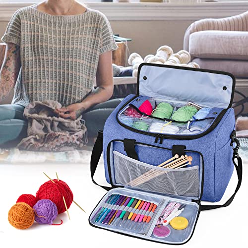 Teamoy Knitting Bag, Yarn Storage Organizer Crochet Bag with Removable Inner Divider for Yarn Skeins, Crochet Hooks, Knitting Needles and Supplies, Bag Only, Dark Blue