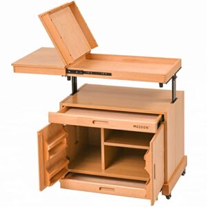 meeden artist taboret rolling cart, solid beech wood artist storage cart on wheels with lifting desktop, art cart on 4 lockable wheels for painting supplies, up to 11 different storage units