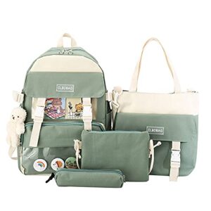 cute kawaii canvas backpack 4pcs set, backpack, pencil pouch, shoulder bag, lunch bag, for girls boys, give away bear pendant, cards, badges (green)