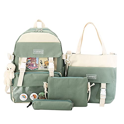 Cute Kawaii Canvas Backpack 4Pcs Set, Backpack, Pencil Pouch, Shoulder Bag, Lunch Bag, for Girls Boys, Give away bear pendant, cards, badges (Green)