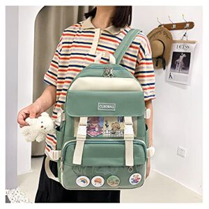 Cute Kawaii Canvas Backpack 4Pcs Set, Backpack, Pencil Pouch, Shoulder Bag, Lunch Bag, for Girls Boys, Give away bear pendant, cards, badges (Green)