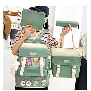 Cute Kawaii Canvas Backpack 4Pcs Set, Backpack, Pencil Pouch, Shoulder Bag, Lunch Bag, for Girls Boys, Give away bear pendant, cards, badges (Green)