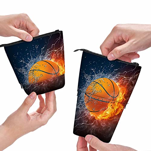 Swono Burning Basketball Pencil Holder Flame Water Ball Stand Up Pencil Case Organizer Pencil Pouch Makeup Bag Great For Teens Girls Boys Gift Blue Black