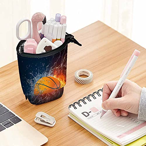 Swono Burning Basketball Pencil Holder Flame Water Ball Stand Up Pencil Case Organizer Pencil Pouch Makeup Bag Great For Teens Girls Boys Gift Blue Black