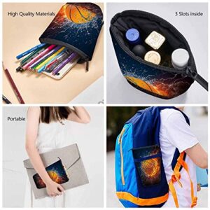 Swono Burning Basketball Pencil Holder Flame Water Ball Stand Up Pencil Case Organizer Pencil Pouch Makeup Bag Great For Teens Girls Boys Gift Blue Black