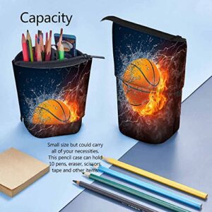 Swono Burning Basketball Pencil Holder Flame Water Ball Stand Up Pencil Case Organizer Pencil Pouch Makeup Bag Great For Teens Girls Boys Gift Blue Black