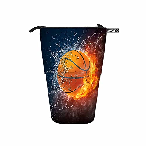 Swono Burning Basketball Pencil Holder Flame Water Ball Stand Up Pencil Case Organizer Pencil Pouch Makeup Bag Great For Teens Girls Boys Gift Blue Black