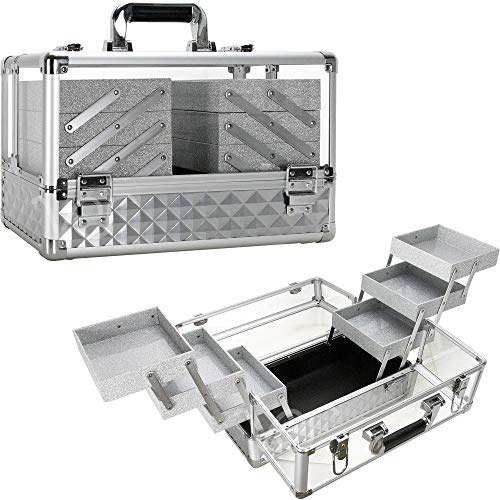 Ver Beauty 3.8mm Armored Acrylic Makeup Case Jewelry Portable Travel Art Craft Tattoo Organizer with 6 Extendable Trays Clear Cover Micro-Fiber Cloth Brush Holders Keylocks, Silver Diamond