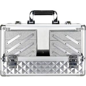 Ver Beauty 3.8mm Armored Acrylic Makeup Case Jewelry Portable Travel Art Craft Tattoo Organizer with 6 Extendable Trays Clear Cover Micro-Fiber Cloth Brush Holders Keylocks, Silver Diamond