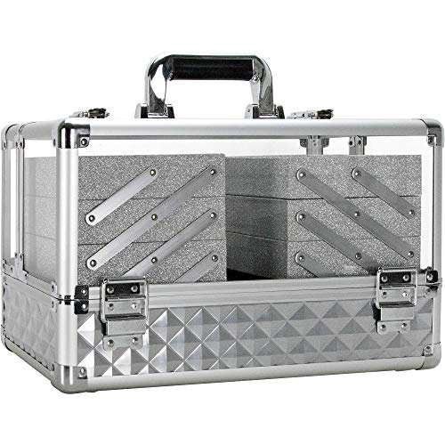 Ver Beauty 3.8mm Armored Acrylic Makeup Case Jewelry Portable Travel Art Craft Tattoo Organizer with 6 Extendable Trays Clear Cover Micro-Fiber Cloth Brush Holders Keylocks, Silver Diamond