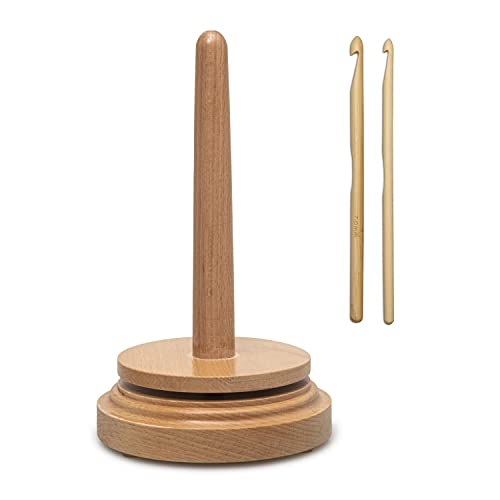 GOODROPRO Yarn Ball Holder - Made from Sustainable Beech Wood - Helps You in The Process of Crocheting or Knitting - String Dispenser - Complete with Set of 2 Bamboo Crochet Hooks