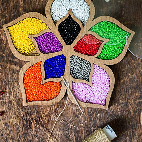 Lonjew Wood Bead Organizer Tray with Lid Supply Storage Jewelry Making Gift, Bead Container, Needle Magnet, Beadwork Accessory, Small Clear Cover, Beads Wood Flower Storage