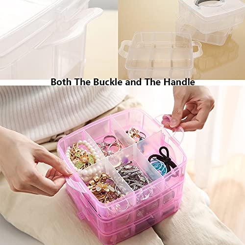 3 Tier Small Stackable Storage Container Box with Handle, CORGIMHZ Plastic Craft Organizer Case with 18 Adjustable Compartments for Washi Tapes, Art Supplies, Jewelry (5.9 x 5.83 x 4.88 in) (2, clear)