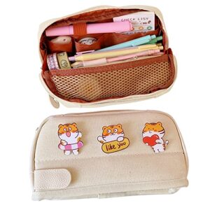 funny live handheld pen bag pencil case stationery pocket cosmetic makeup bag, deformable standup pen holder organizer with 3 cute little tiger pin badges (beige)