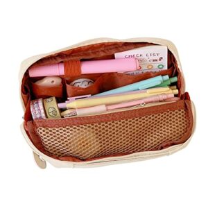 Funny live Handheld Pen Bag Pencil Case Stationery Pocket Cosmetic Makeup Bag, Deformable Standup Pen Holder Organizer with 3 Cute Little Tiger Pin Badges (Beige)