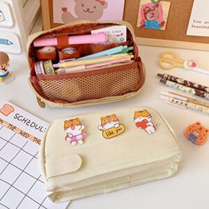 Funny live Handheld Pen Bag Pencil Case Stationery Pocket Cosmetic Makeup Bag, Deformable Standup Pen Holder Organizer with 3 Cute Little Tiger Pin Badges (Beige)