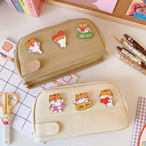 Funny live Handheld Pen Bag Pencil Case Stationery Pocket Cosmetic Makeup Bag, Deformable Standup Pen Holder Organizer with 3 Cute Little Tiger Pin Badges (Beige)