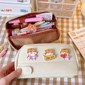 Funny live Handheld Pen Bag Pencil Case Stationery Pocket Cosmetic Makeup Bag, Deformable Standup Pen Holder Organizer with 3 Cute Little Tiger Pin Badges (Beige)