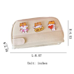 Funny live Handheld Pen Bag Pencil Case Stationery Pocket Cosmetic Makeup Bag, Deformable Standup Pen Holder Organizer with 3 Cute Little Tiger Pin Badges (Beige)