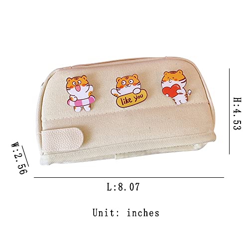 Funny live Handheld Pen Bag Pencil Case Stationery Pocket Cosmetic Makeup Bag, Deformable Standup Pen Holder Organizer with 3 Cute Little Tiger Pin Badges (Beige)