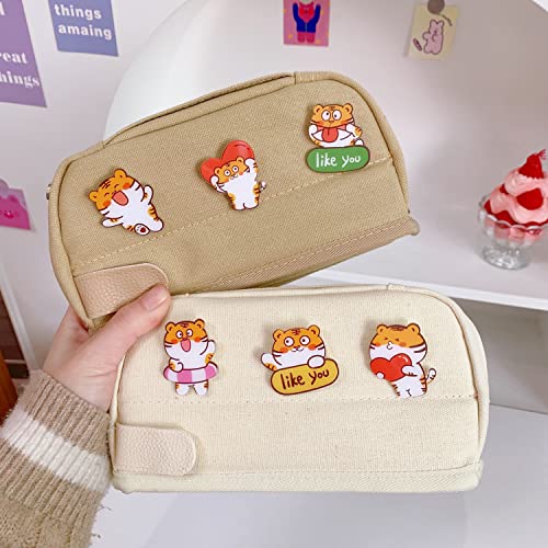 Funny live Handheld Pen Bag Pencil Case Stationery Pocket Cosmetic Makeup Bag, Deformable Standup Pen Holder Organizer with 3 Cute Little Tiger Pin Badges (Beige)