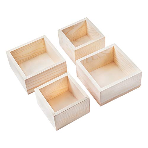 PH PandaHall 4pcs Small Wooden Box 3'' x 3'' 4'' x 4'' Rustic Wooden Box Square Storage Organizer Container Wooden Craft Box for Succulents Plant Collectibles Home Venue Decor Small Item