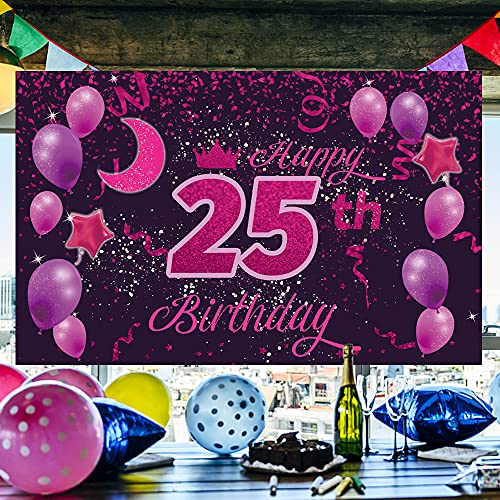 Sweet Happy 25th Birthday Backdrop Banner Poster 25 Birthday Party Decorations 25th Birthday Party Supplies 25th Photo Background for Girls,Boys,Women,Men - Pink Purple 72.8 x 43.3 Inch