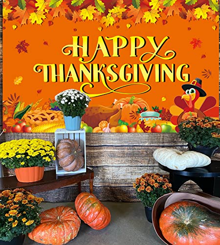 PTFNY Happy Thanksgiving Backdrop Banner 73 x 43 Inch Large Thanksgiving Day Background Banner Maple Leaves Pumpkin Turkey Party Banner Thanksgiving Decorations Photo Booth Props