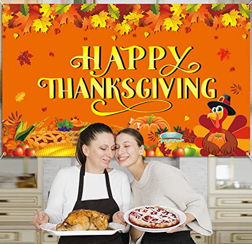 PTFNY Happy Thanksgiving Backdrop Banner 73 x 43 Inch Large Thanksgiving Day Background Banner Maple Leaves Pumpkin Turkey Party Banner Thanksgiving Decorations Photo Booth Props